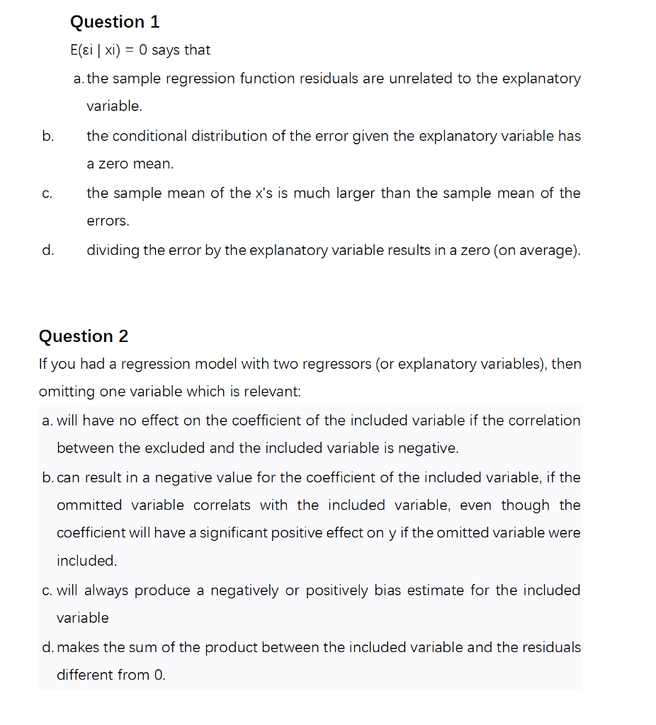 Solved E(epsilon i | x i) = 0 says that the sample | Chegg.com