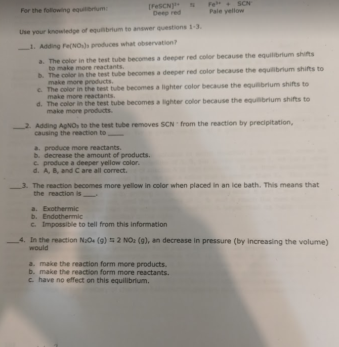 Solved [FeSCN]2Fe"+SCN For the following equilibrium Pale | Chegg.com