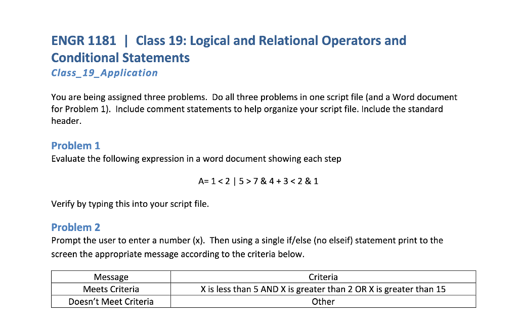 Solved ENGR 1181 I Class 19: Logical and Relational | Chegg.com