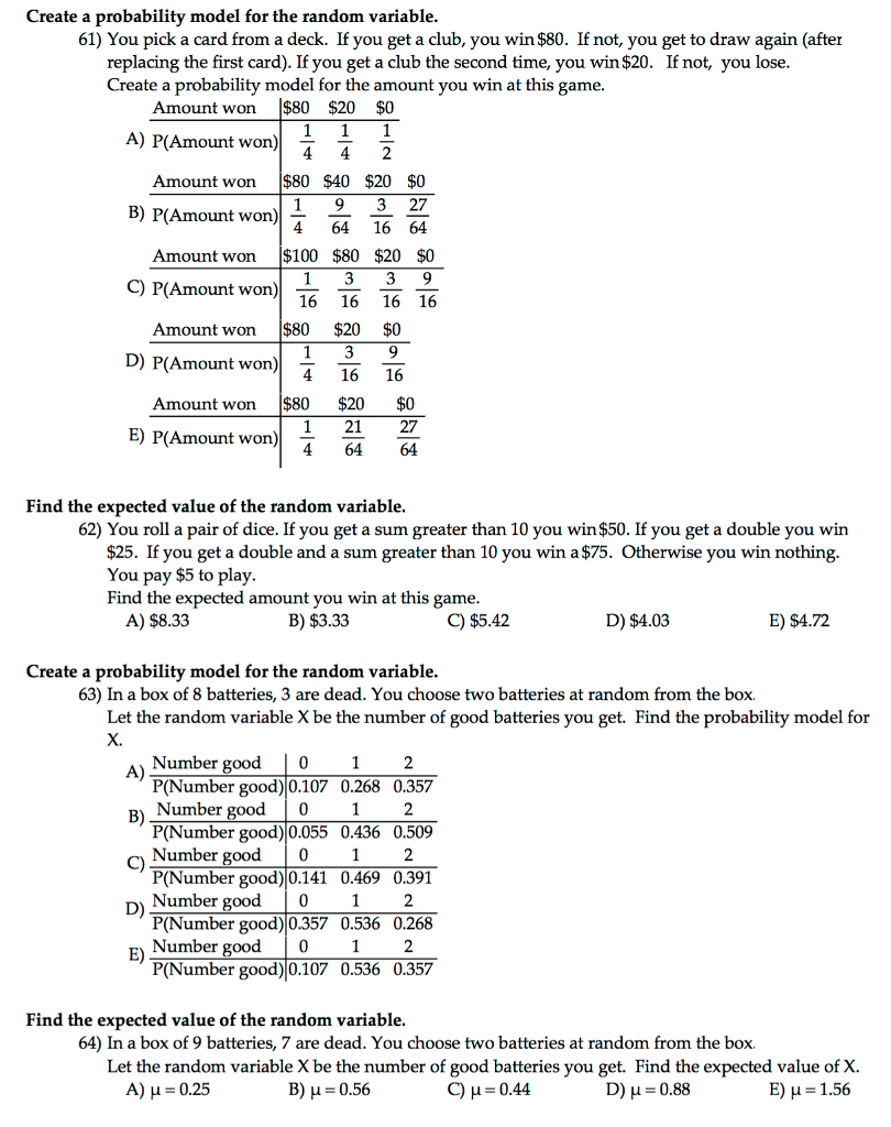 Solved Create a probability model for the random variable | Chegg.com