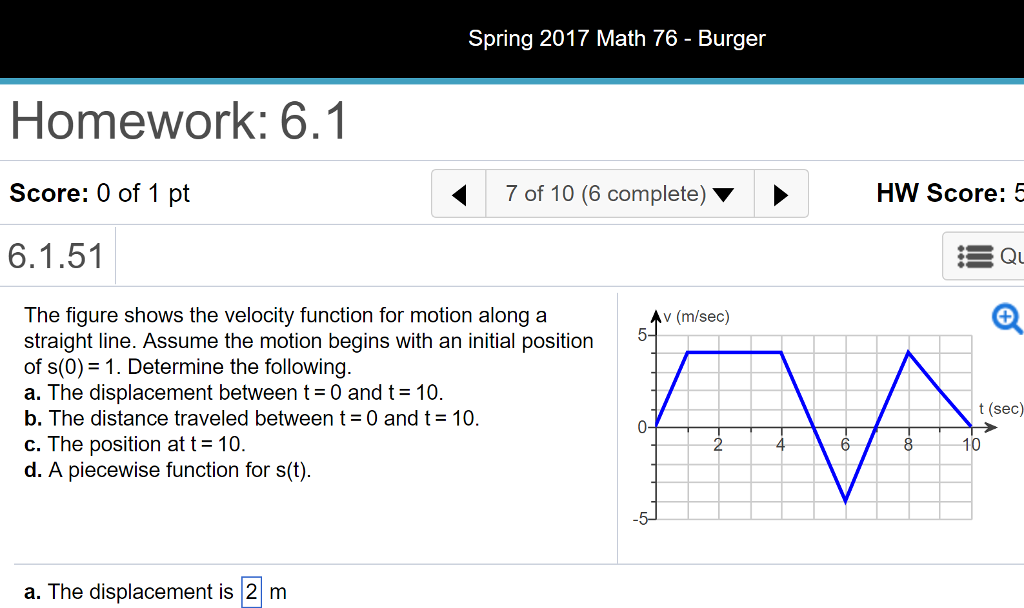 Solved The figure shows the velocity function for motion | Chegg.com