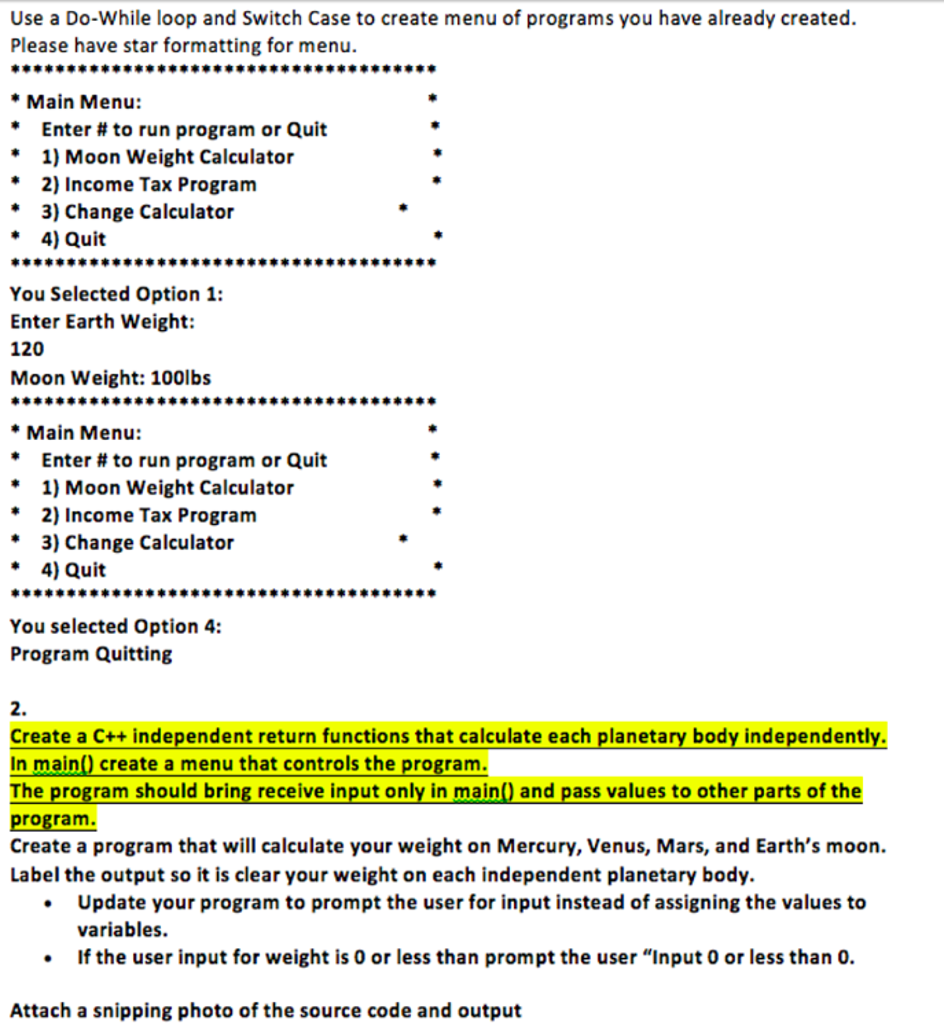 Use a Do-While loop and Switch Case to create menu of | Chegg.com