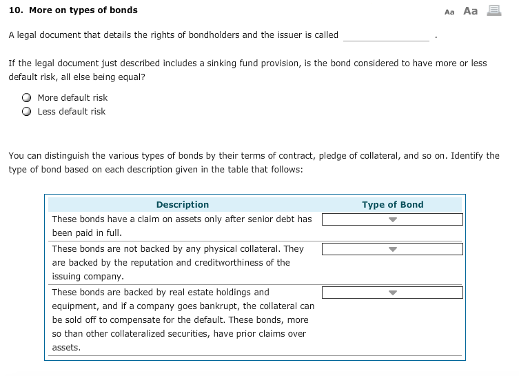 Solved 10. More on types of bonds A legal document that | Chegg.com