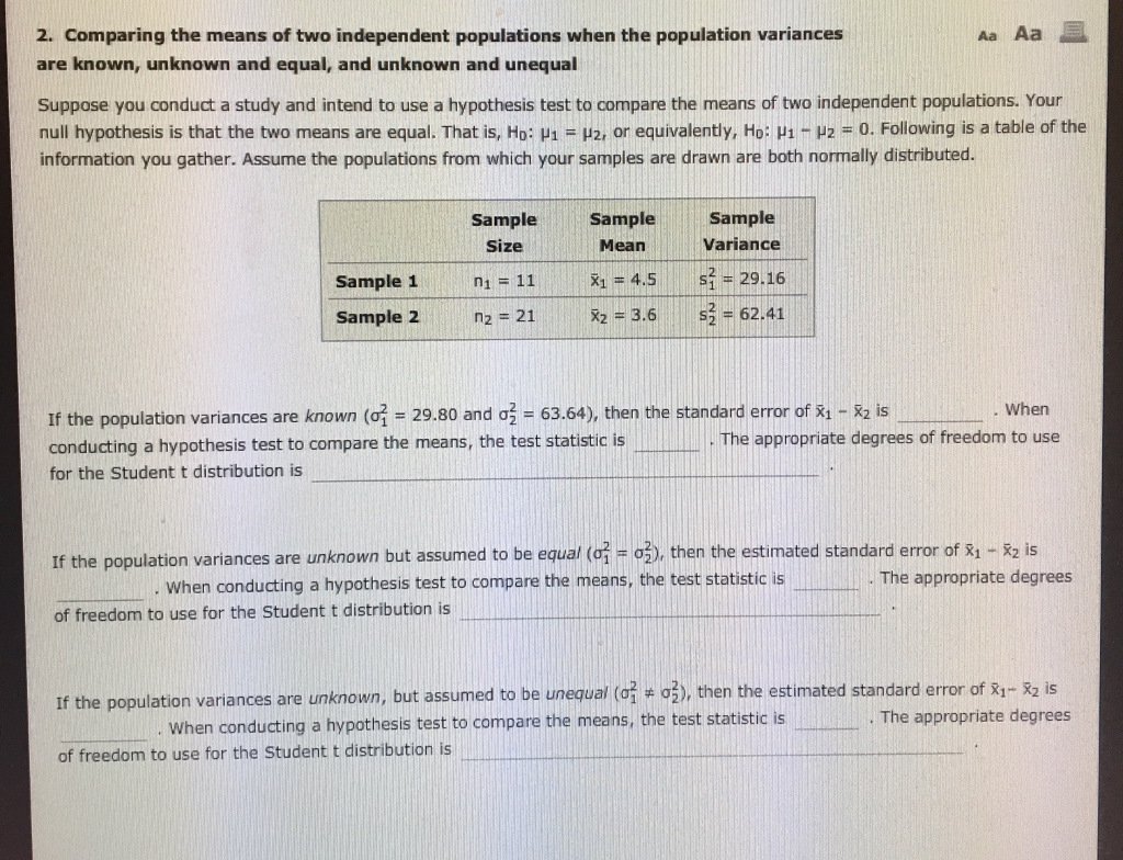 Solved Aa Aa 2. Comparing the means of two independent | Chegg.com