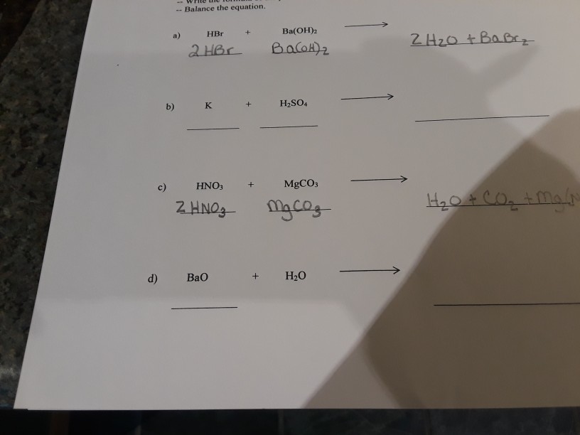 Solved -- Balance the equation > a) Ba(OH)2 2 420 +Ba H2SO4 | Chegg.com