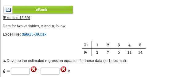 Solved eBook Exercise 15.39 Data for two variables, z and y, | Chegg.com