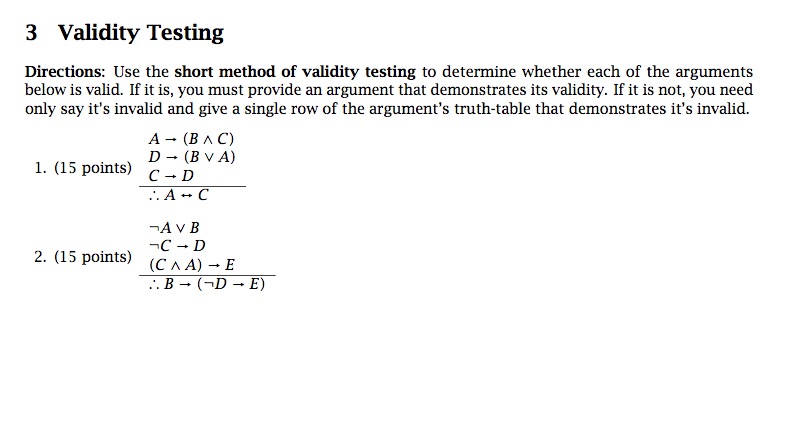 Solved Directions: Use the short method of validity testing | Chegg.com