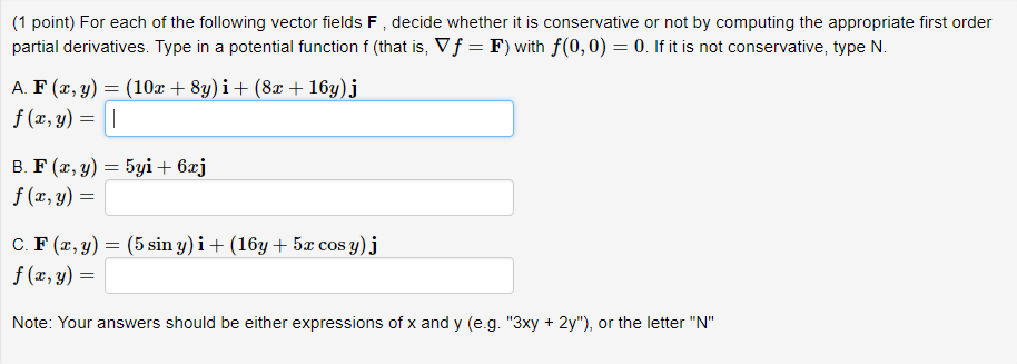 Solved 1 point) For each of the following vector fields F, | Chegg.com