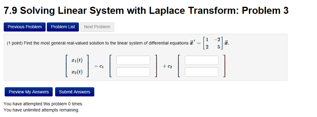 Solved 7.9 Solving Linear System with Laplace Transform: | Chegg.com