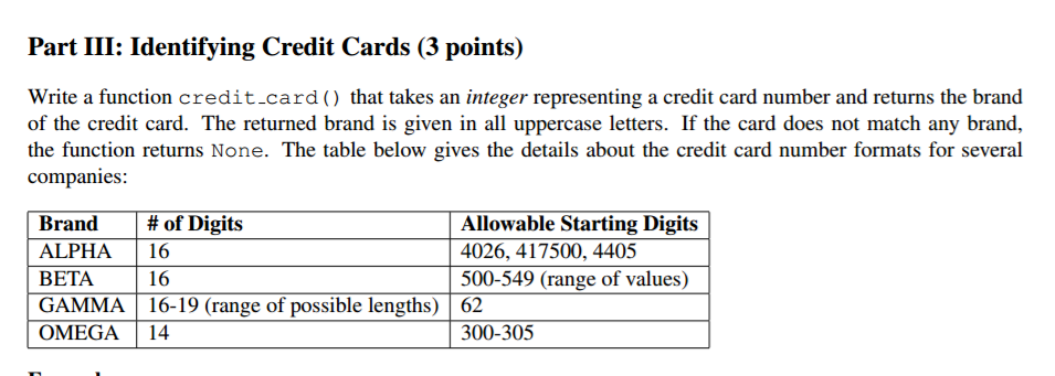 Solved Part III: Identifying Credit Cards (3 points0 Write a | Chegg.com