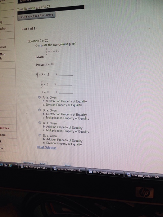 Solved Complete the two-column proof. x/5 + 9 = 11 Given: | Chegg.com