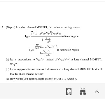 Solved 3. (20 pts.) In a short channel MOSFET, the drain | Chegg.com