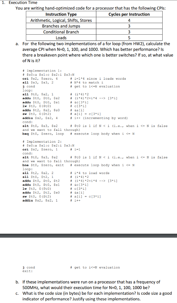 1. Execution Time You are writing hand-optimized code | Chegg.com