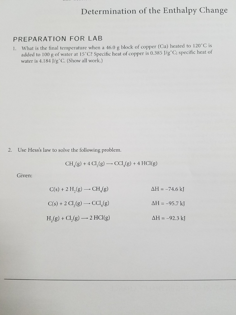 Solved Determination of the Enthalpy Change PREPARATION FOR | Chegg.com