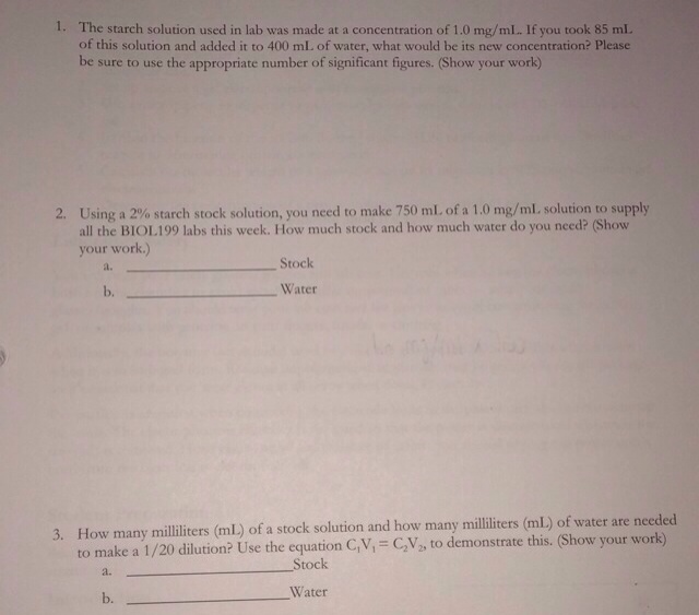 Solved 1. The starch solution used in lab was made at ;t | Chegg.com