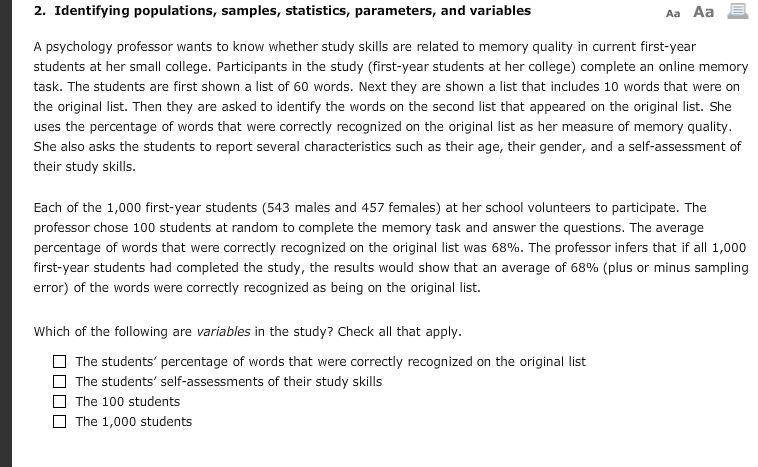 Solved 2. Identifying populations, samples, statistics, | Chegg.com