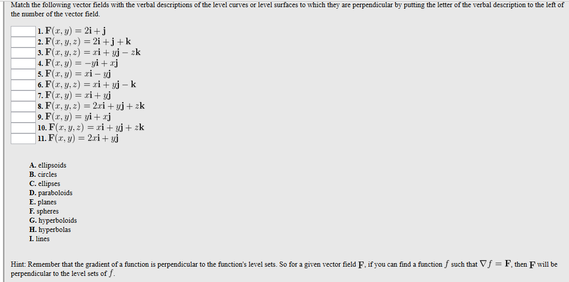 Solved Match the following vector fields with the verbal | Chegg.com