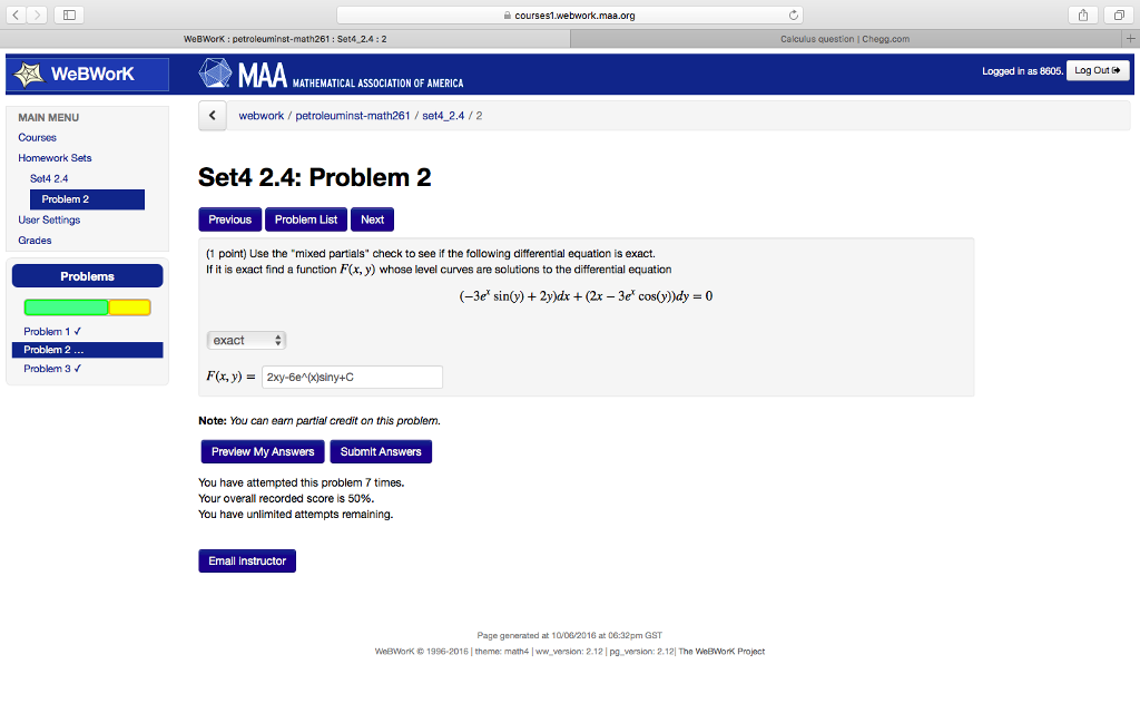 Solved courses1.webwork.maa.org WeBWorK petroleuminst math26 | Chegg.com
