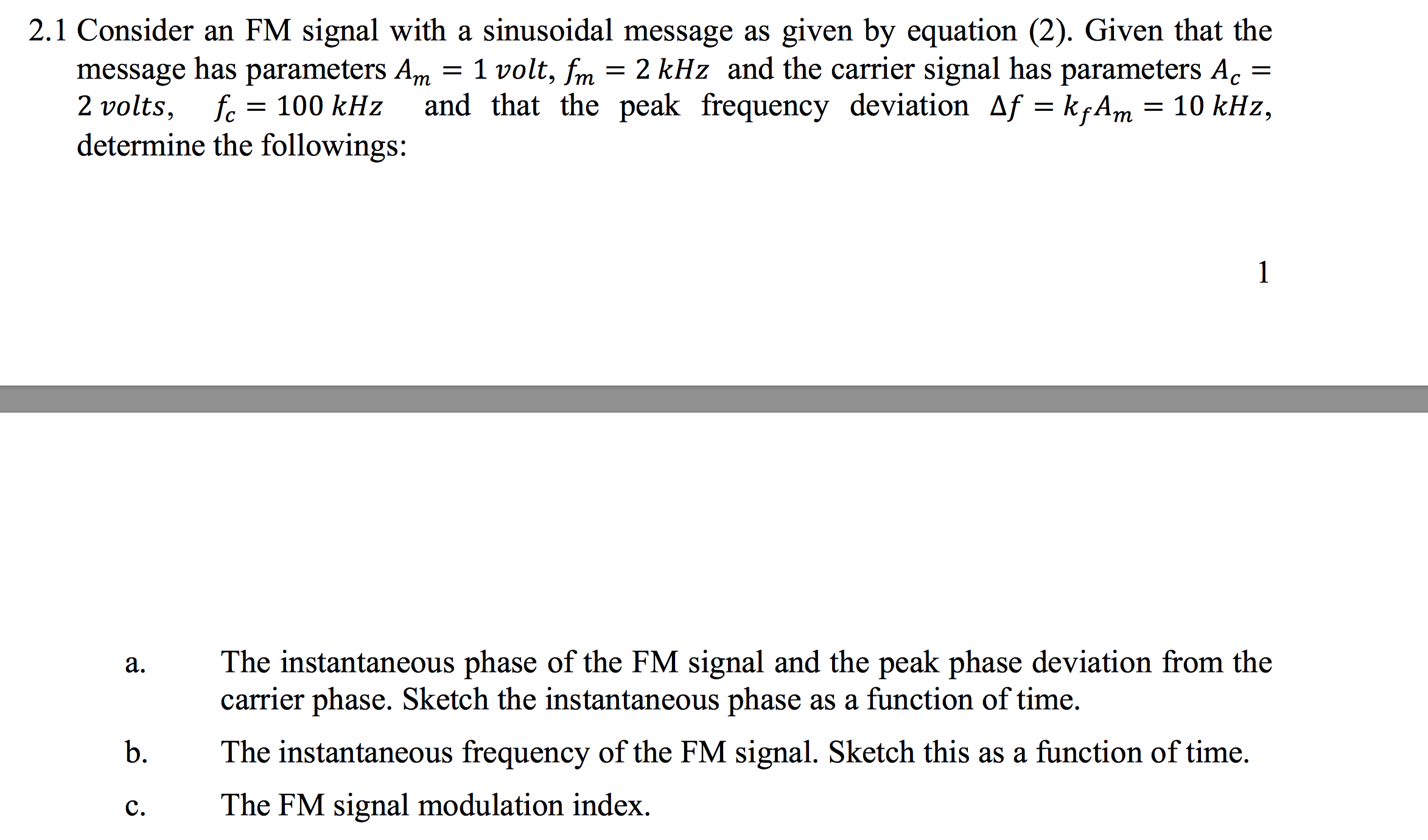 Solved 2. 1 Consider an FM signal with a sinusoidal message | Chegg.com
