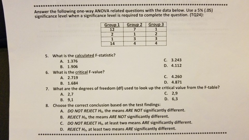 Solved Answer the following one-way ANOVA related questions | Chegg.com