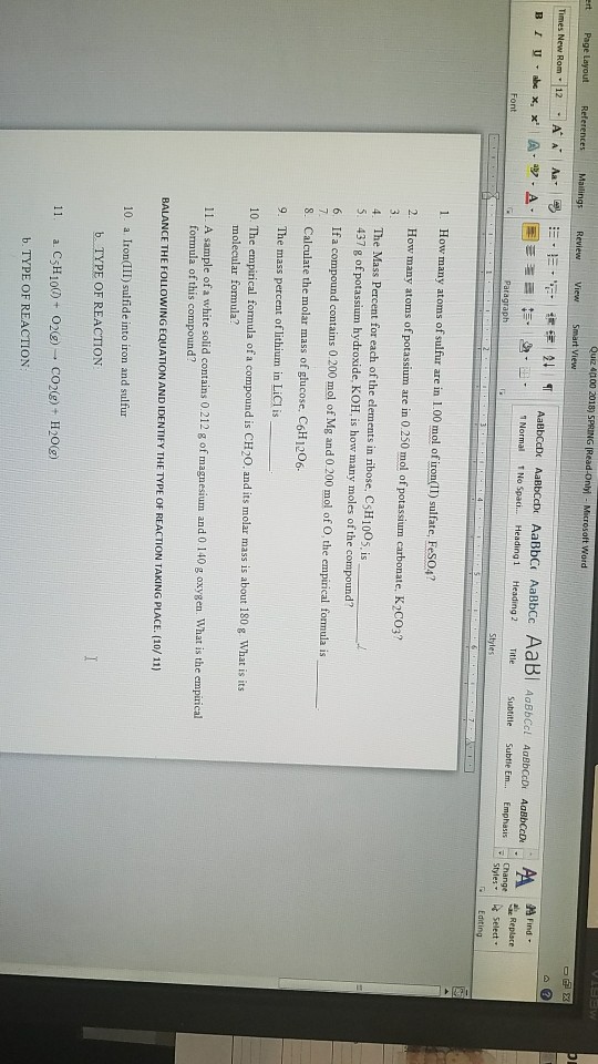 Solved Ouiz40002018) SPRING [Read only. Microsoft word Refe | Chegg.com