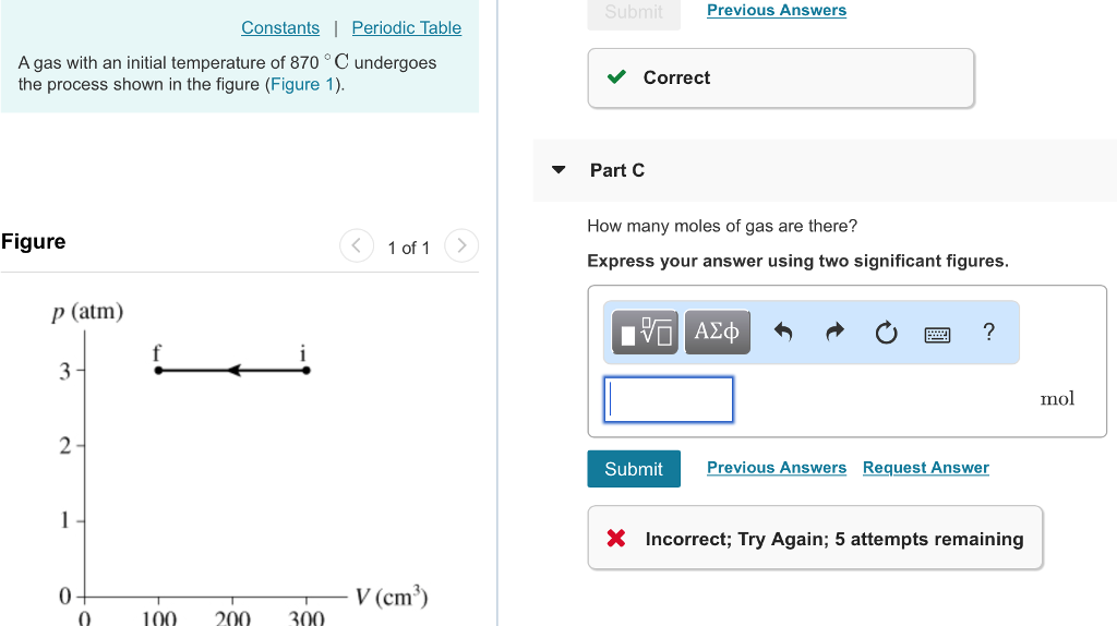 Solved Previous Answers Constants Periodic Table A gas with | Chegg.com