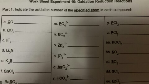 Solved Work Sheet Experiment 10: Oxidation Reduction | Chegg.com