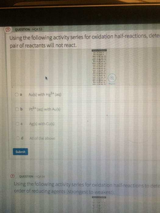 Solved QUESTION- H04 53 Using the following activity series | Chegg.com