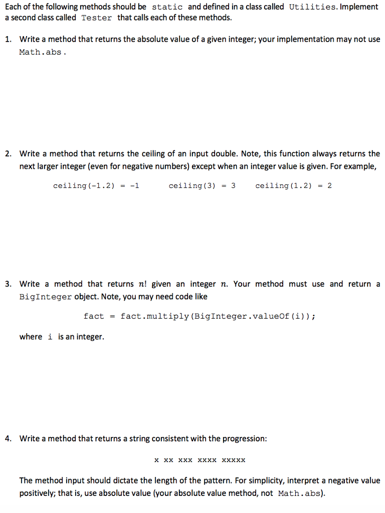 Solved Each Of The Following Methods Should Be Static And