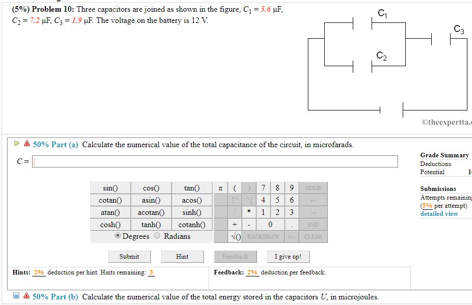 Solved (596) Problem 10: Three capacitors are joined as | Chegg.com