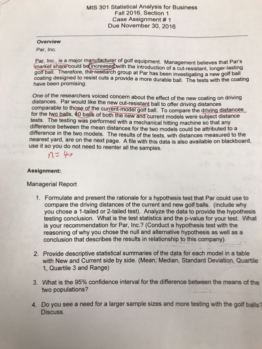 Solved MIS 301 Statistical Analysis for Business Fall 2016, | Chegg.com