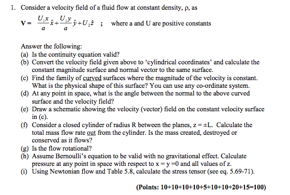 Solved 1. Consider a velocity field of a fluid flow at | Chegg.com