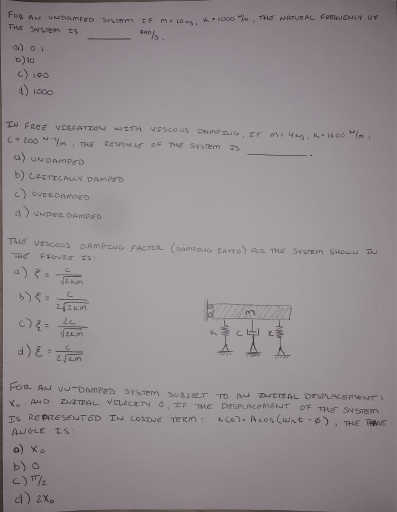 Solved For an undamped system if m = 10kg, k = 1000 N/m. The | Chegg.com