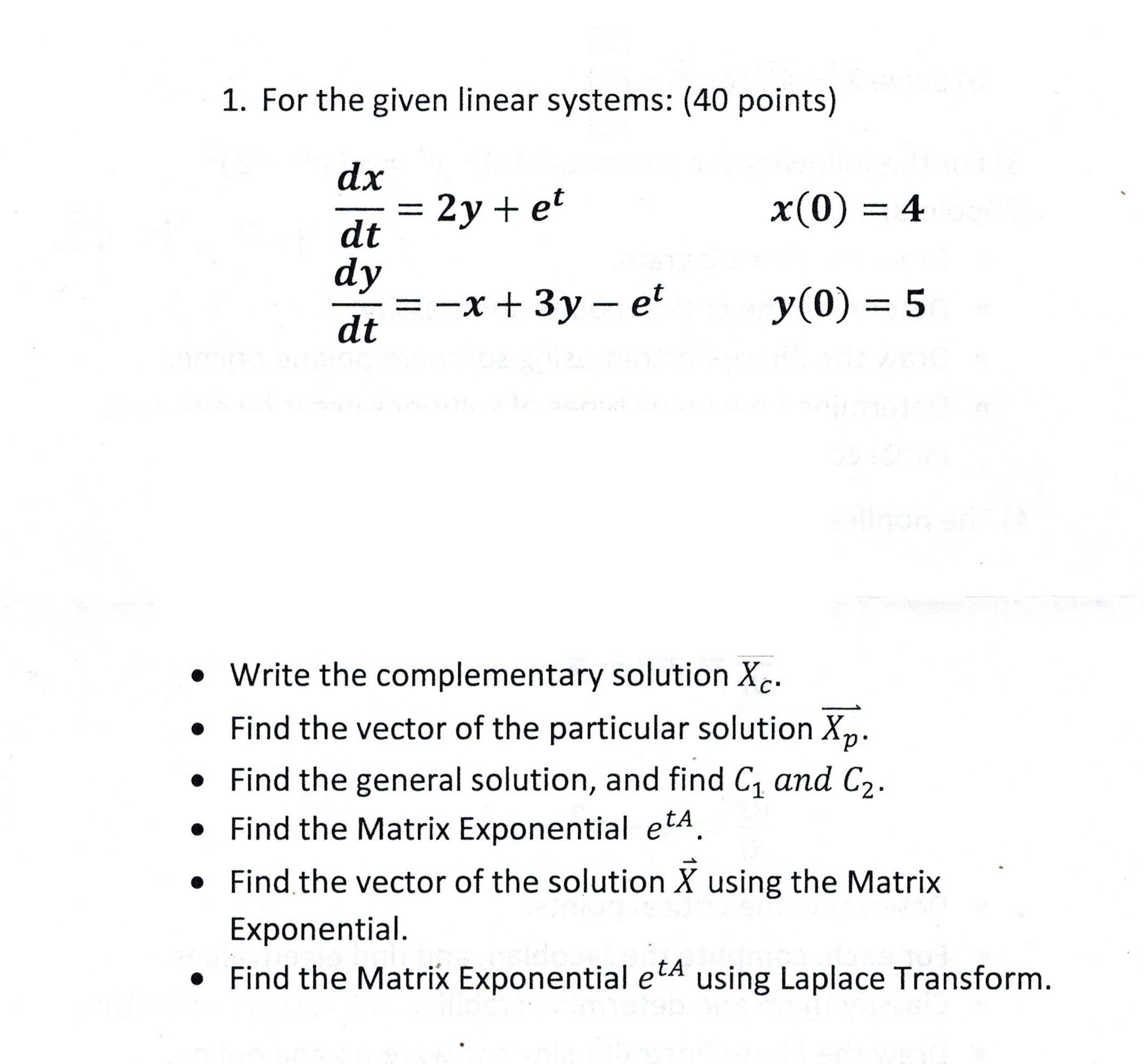 Solved For the given linear systems: dx/dt = 2y + e^t x(0) | Chegg.com