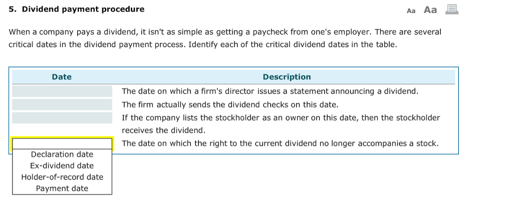 Solved 5. Dividend payment procedure Aa Aa When a company | Chegg.com