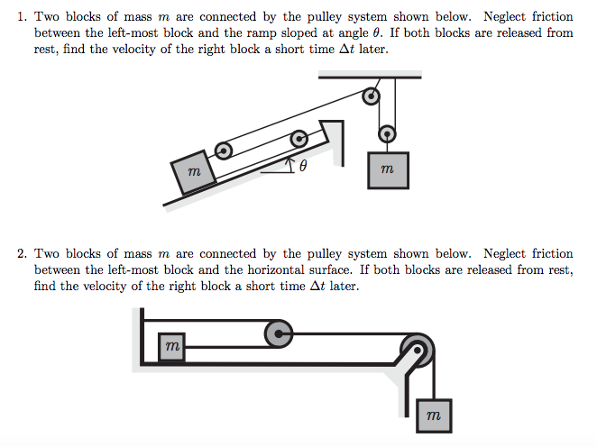 Solved 1. Two blocks of mass m are connected by the pulley | Chegg.com