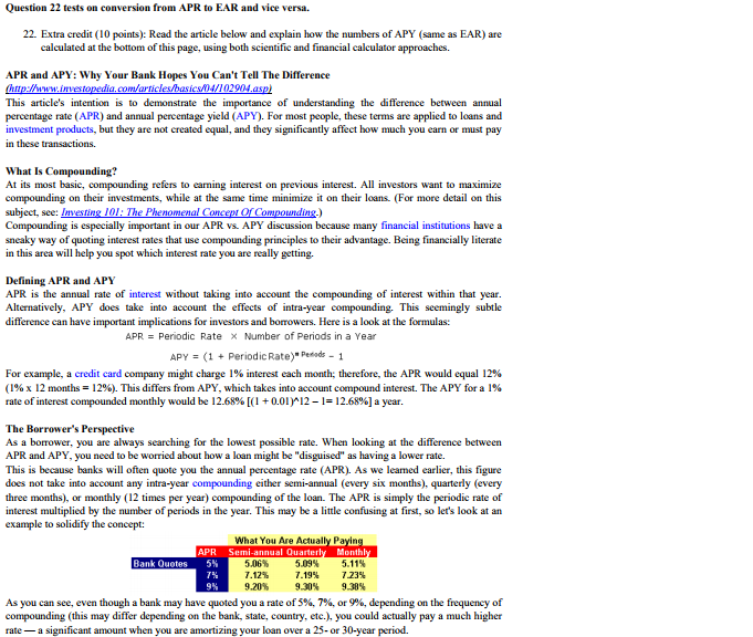 Solved Question 22 tests on conversion from APR to EAR and | Chegg.com