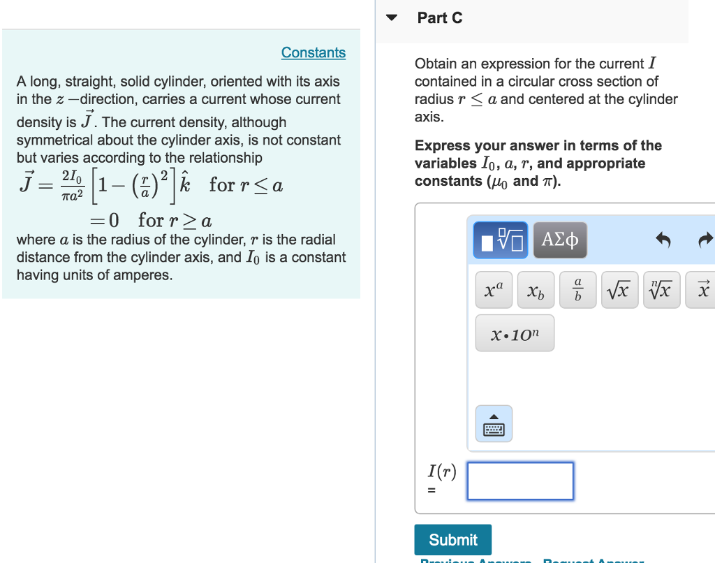Solved Part C Constants Obtain an expression for the current | Chegg.com