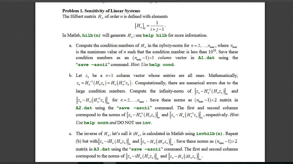 Solved The Hilbert matrix H_n. of order n is defined with | Chegg.com