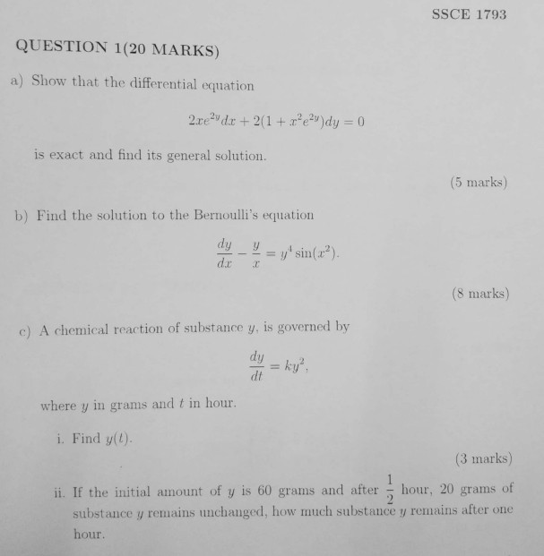Solved SSCE 1793 QUESTION 1 (20 MARKS) a) Show that the | Chegg.com
