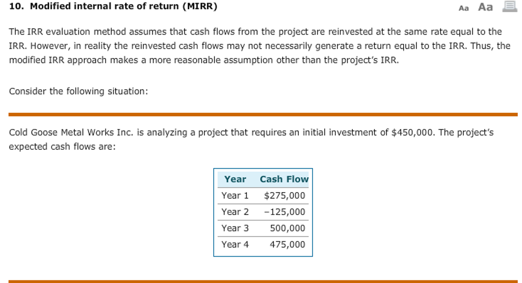 Solved 10. Modified internal rate of return (MIRR) Aa Aa The | Chegg.com