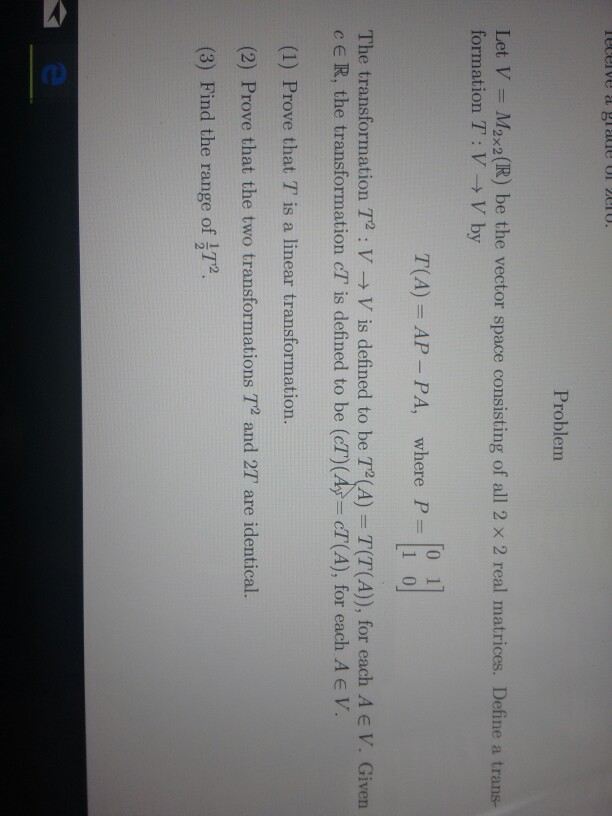 Solved Problem Let V = M2x2(R) be the vector space | Chegg.com