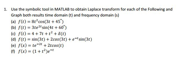 Solved Use the symbolic tool in MATLAB to obtain Laplace | Chegg.com