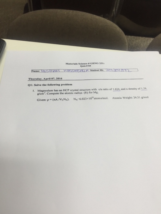 Solved Magnesium has an HCP crystal structure with c/a ratio | Chegg.com