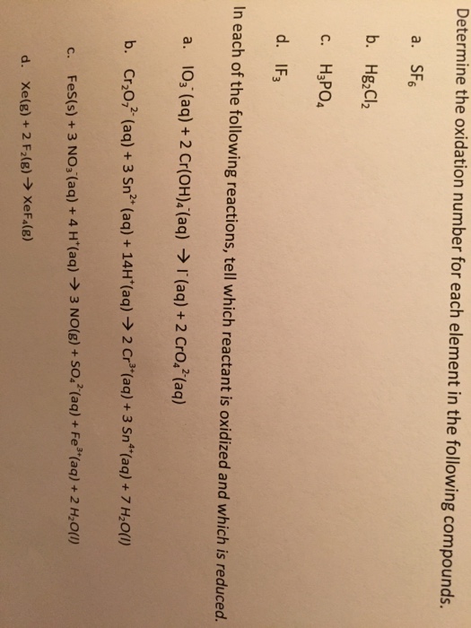 Solved Determine the oxidation number for each element in | Chegg.com