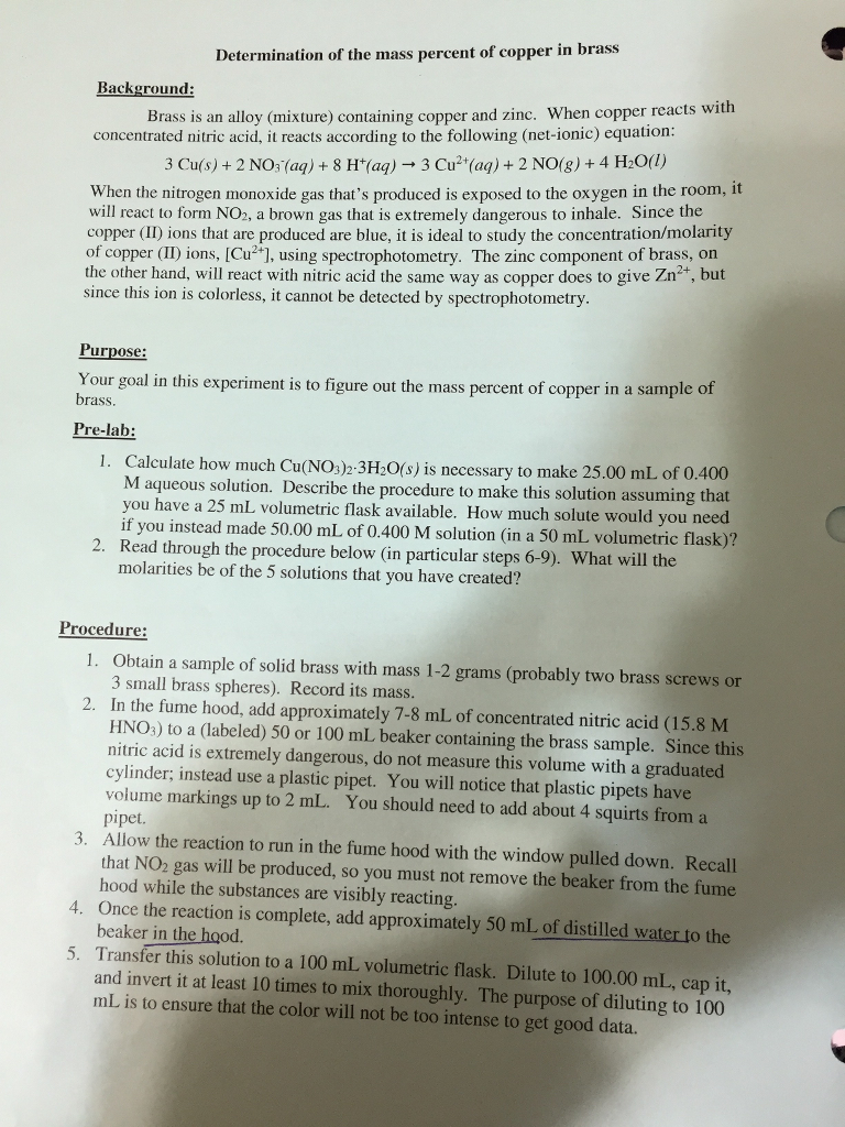 Determination of the mass percent of copper in brass | Chegg.com