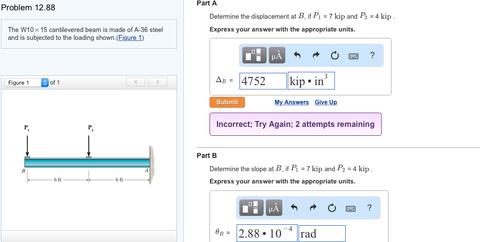 Solved Problem 12.88 The W10x15 cantilevered beam is made of | Chegg.com