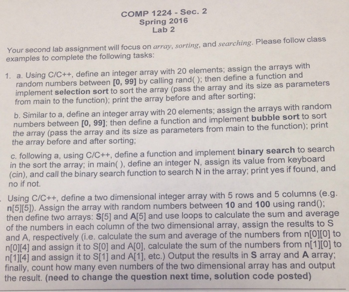 Solved Your second lab assignment will focus on array, | Chegg.com
