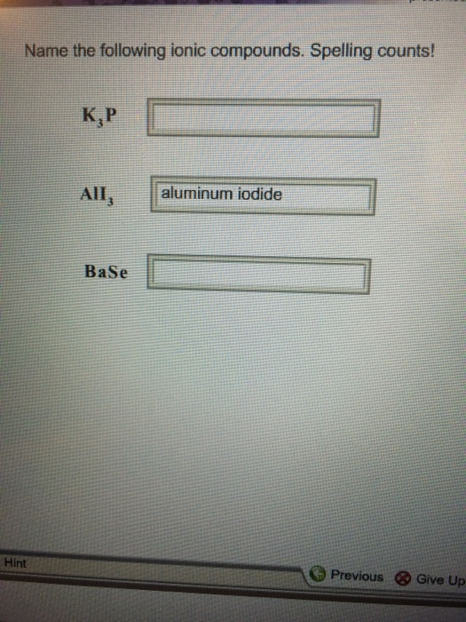 Solved Name the following ionic compounds. Spelling counts! | Chegg.com