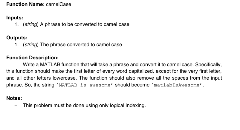 Function Name: camelCase Inputs: 1. (string) A phrase | Chegg.com